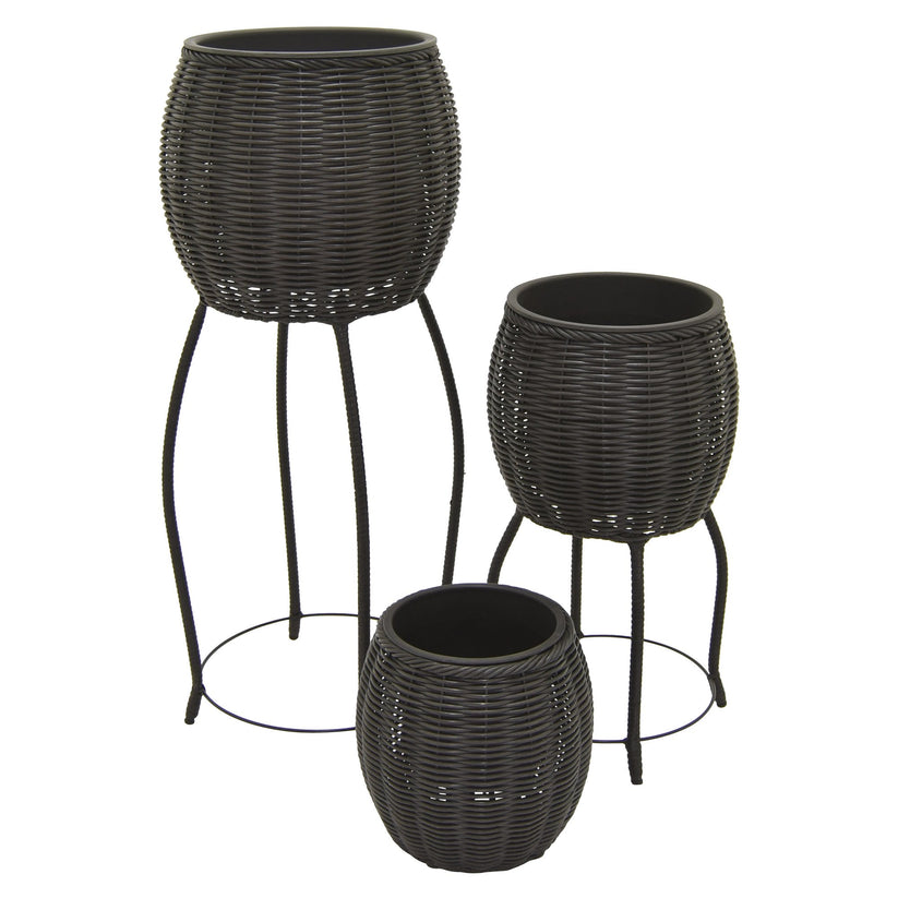3 Piece Set Round Poly Rattan Wicker Planter Pot Standing Set - Black ...